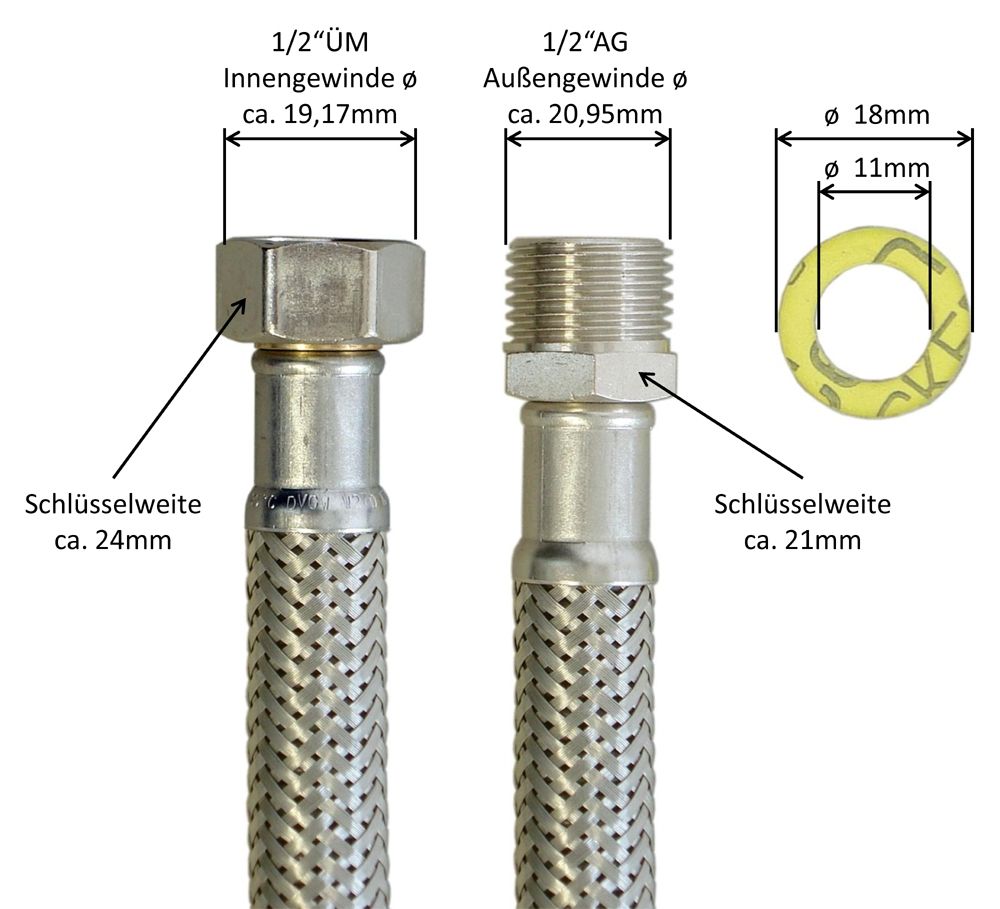 DN13 Panzerschlauch 1/2"ÜM x 1/2"AG für Trinkwasser, VA-Geflecht, Seele HDPE, PN10, -15 bis 70°C ...